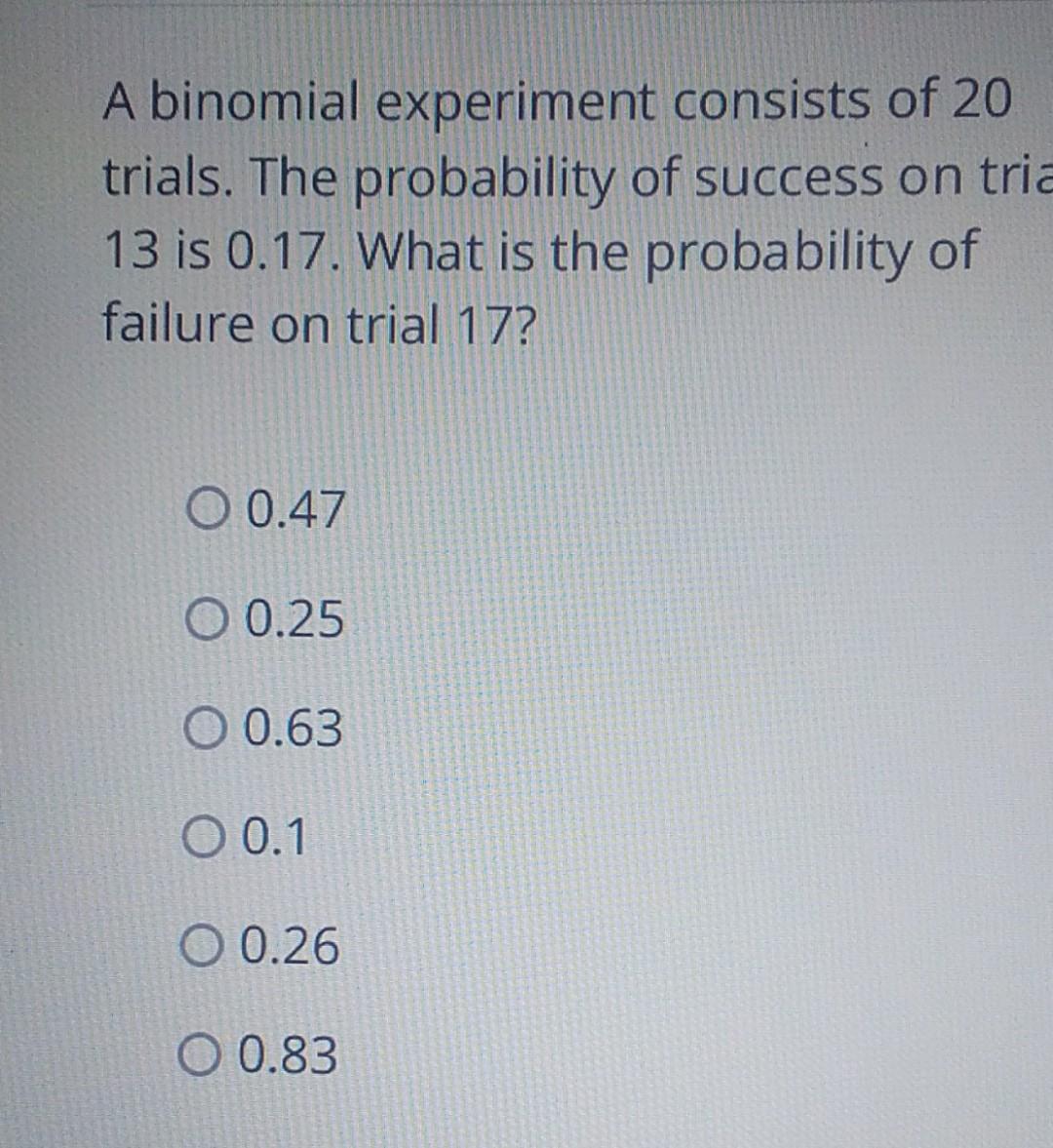 Solved A binomial experiment consists of 20 trials. The | Chegg.com