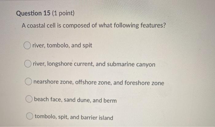 Solved Question 15 (1 point) A coastal cell is composed of | Chegg.com