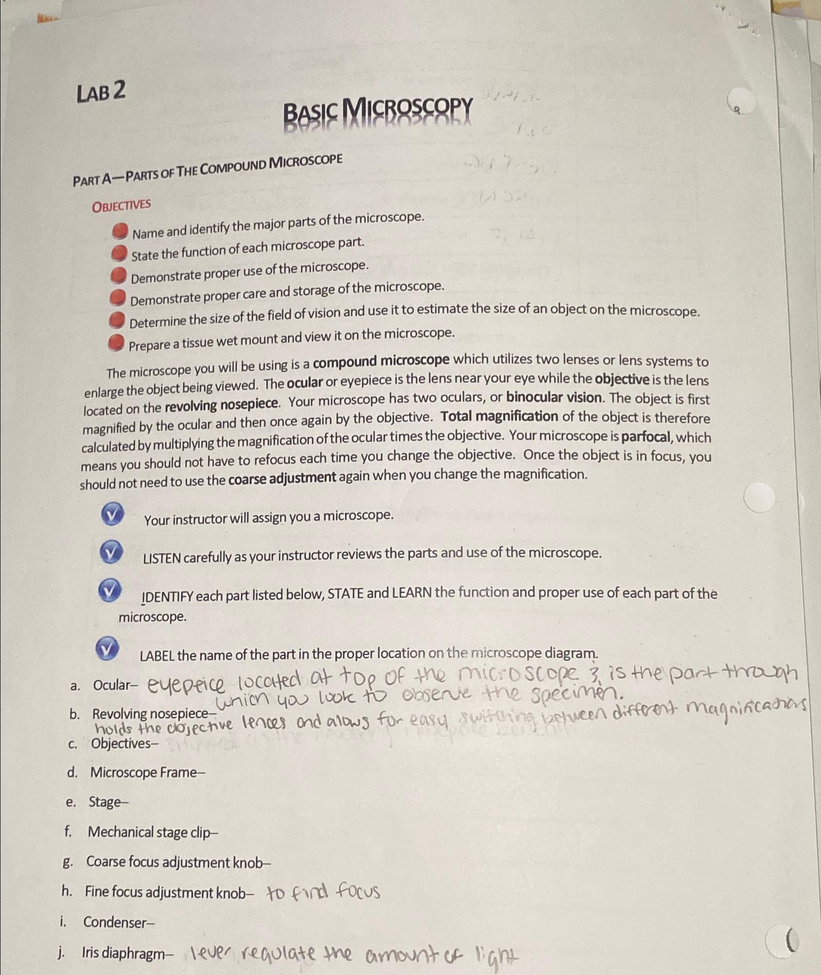 Solved LAB 2Basslc MICROSCOPDYPART A - ﻿PARTS OF THE | Chegg.com