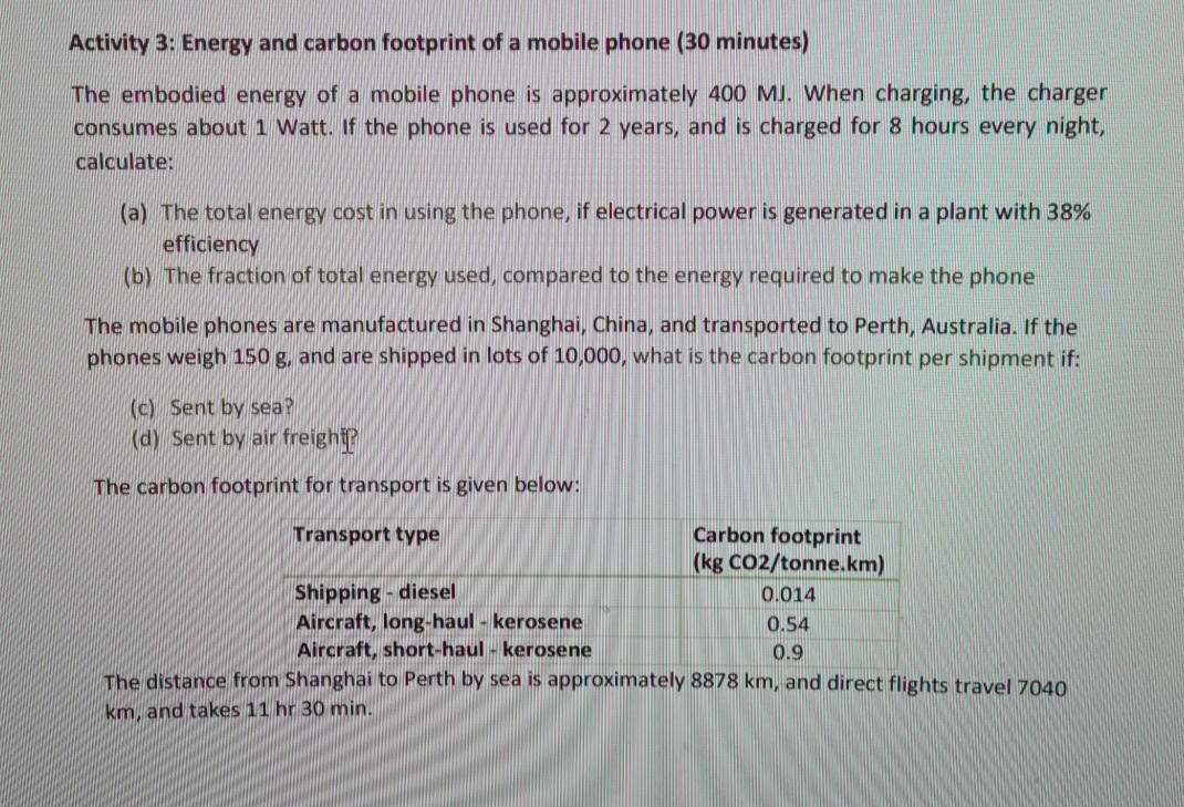 Solved Activity 3: Energy and carbon footprint of a mobile | Chegg.com