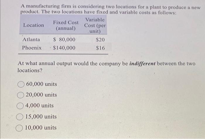 Solved A manufacturing firm is considering two locations for | Chegg.com
