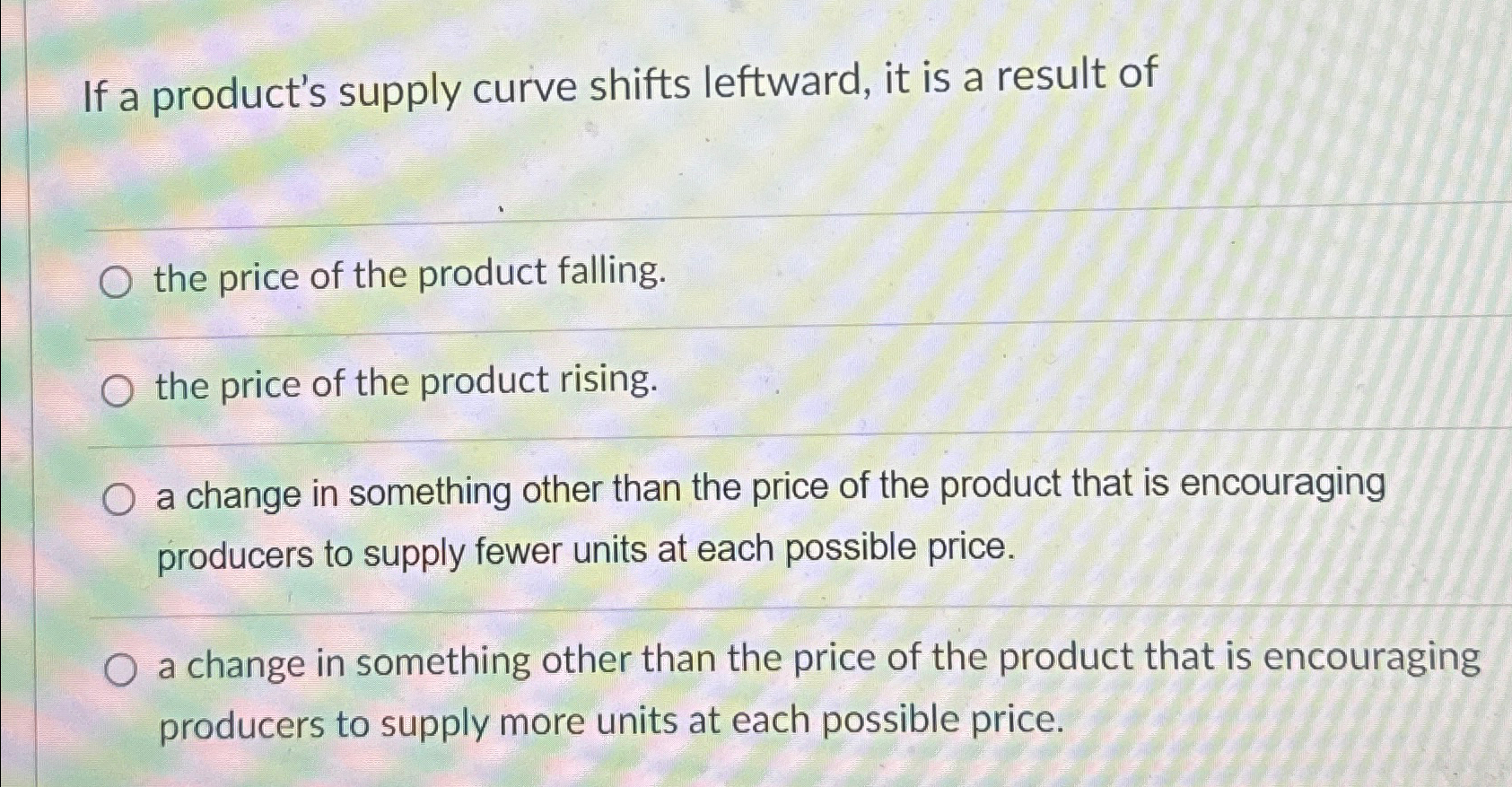 Solved If a product's supply curve shifts leftward, it is a | Chegg.com