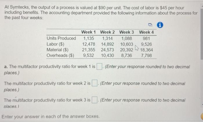 Solved At Symtecks, the output of a process is valued at $90 | Chegg.com