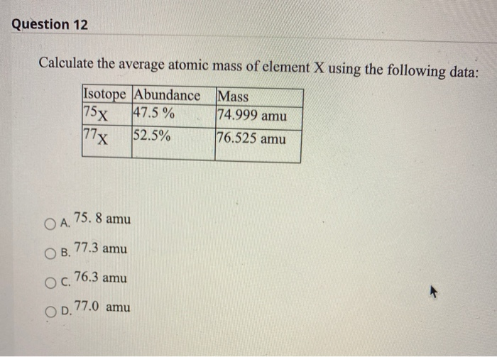 Solved Question 12 Calculate the average atomic mass of | Chegg.com