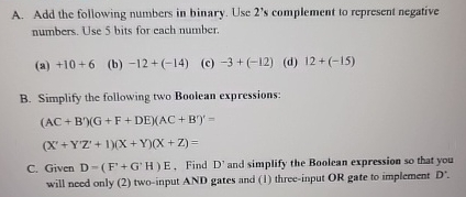 A. ﻿Add the following numbers in binary. Use 2's | Chegg.com