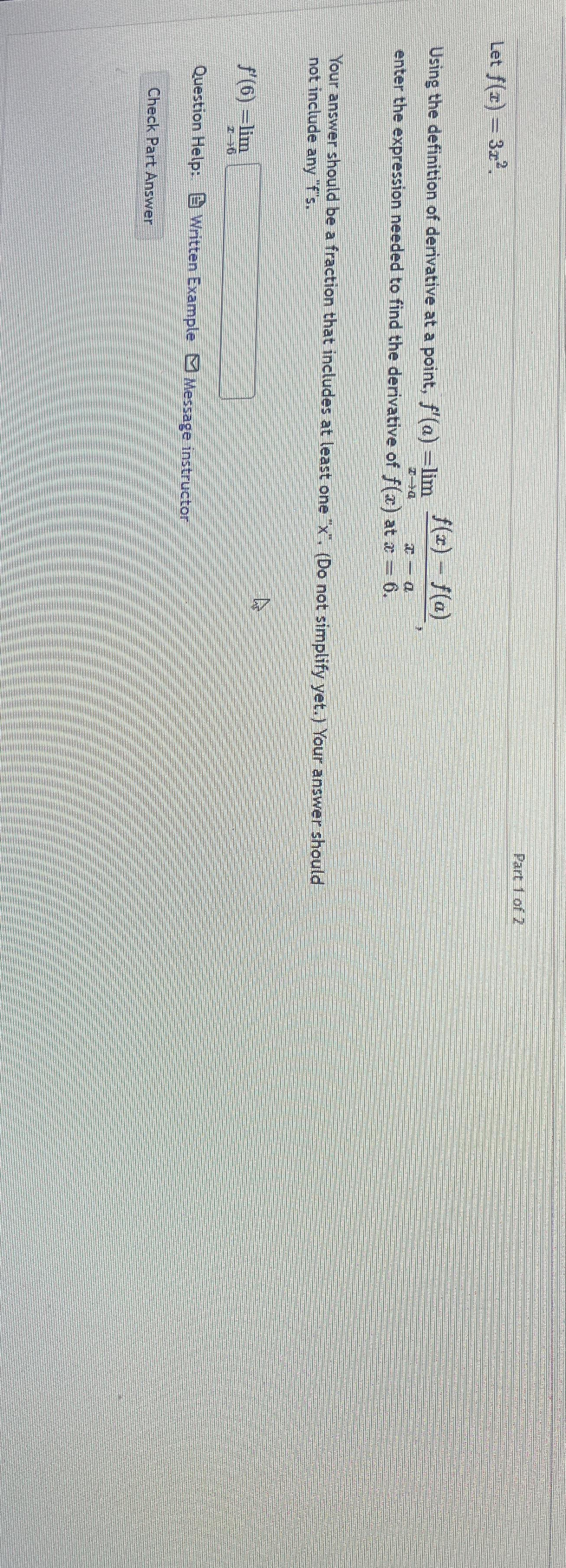 Solved Let f(x)=3x2.Part 1 ﻿of 2Using the definition of | Chegg.com