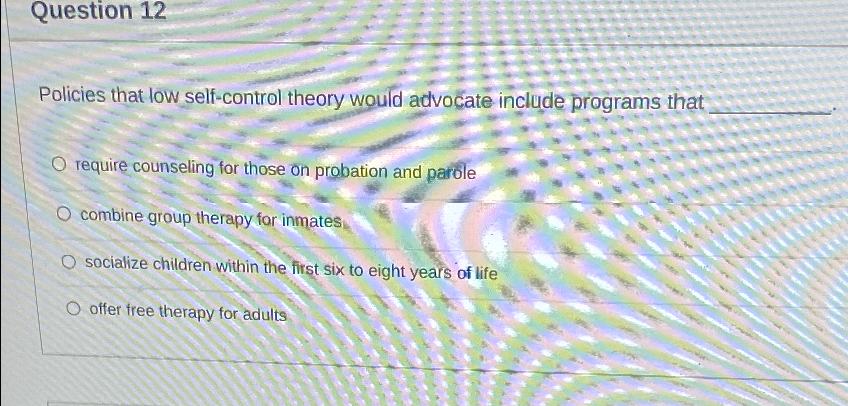 Solved Question 12Policies that low self-control theory | Chegg.com