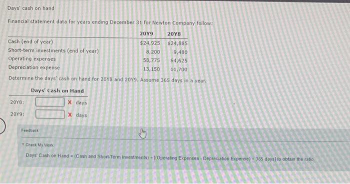 Solved Days' cash on hand Financial statement data for years | Chegg.com