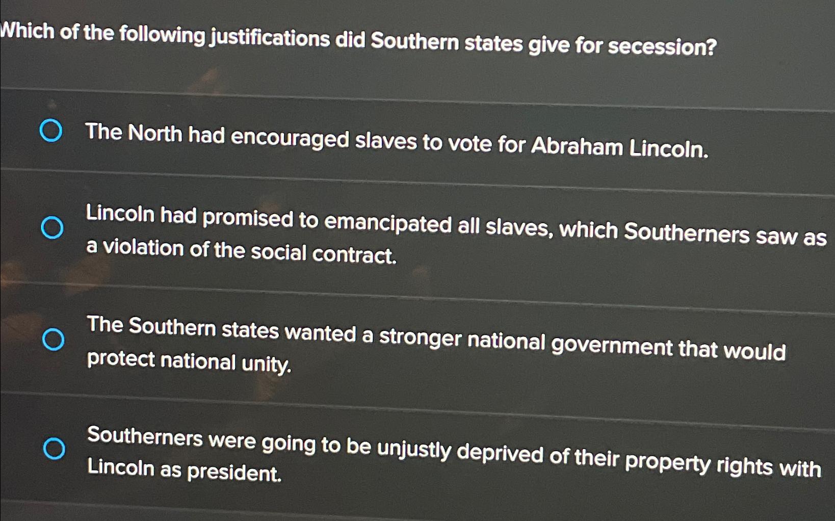 Solved Which of the following justifications did Southern | Chegg.com