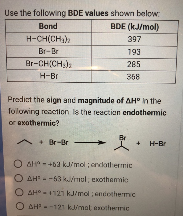 Solved Use the following BDE values shown below: Bond BDE | Chegg.com