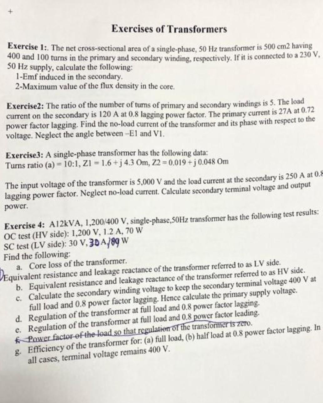 Solved Exercises of Transformers Exercise 1:. The net | Chegg.com