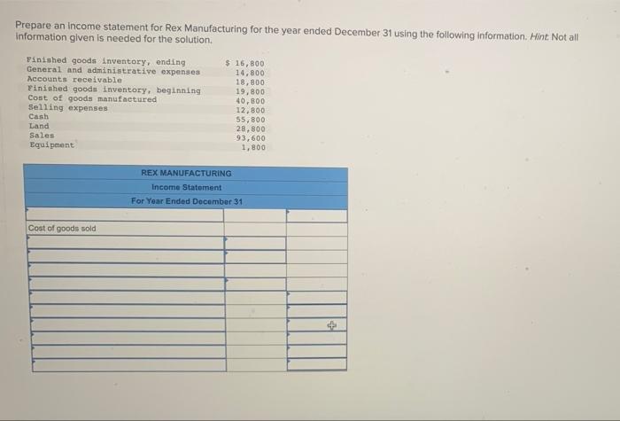 Solved Prepare an income statement for Rex Manufacturing for | Chegg.com