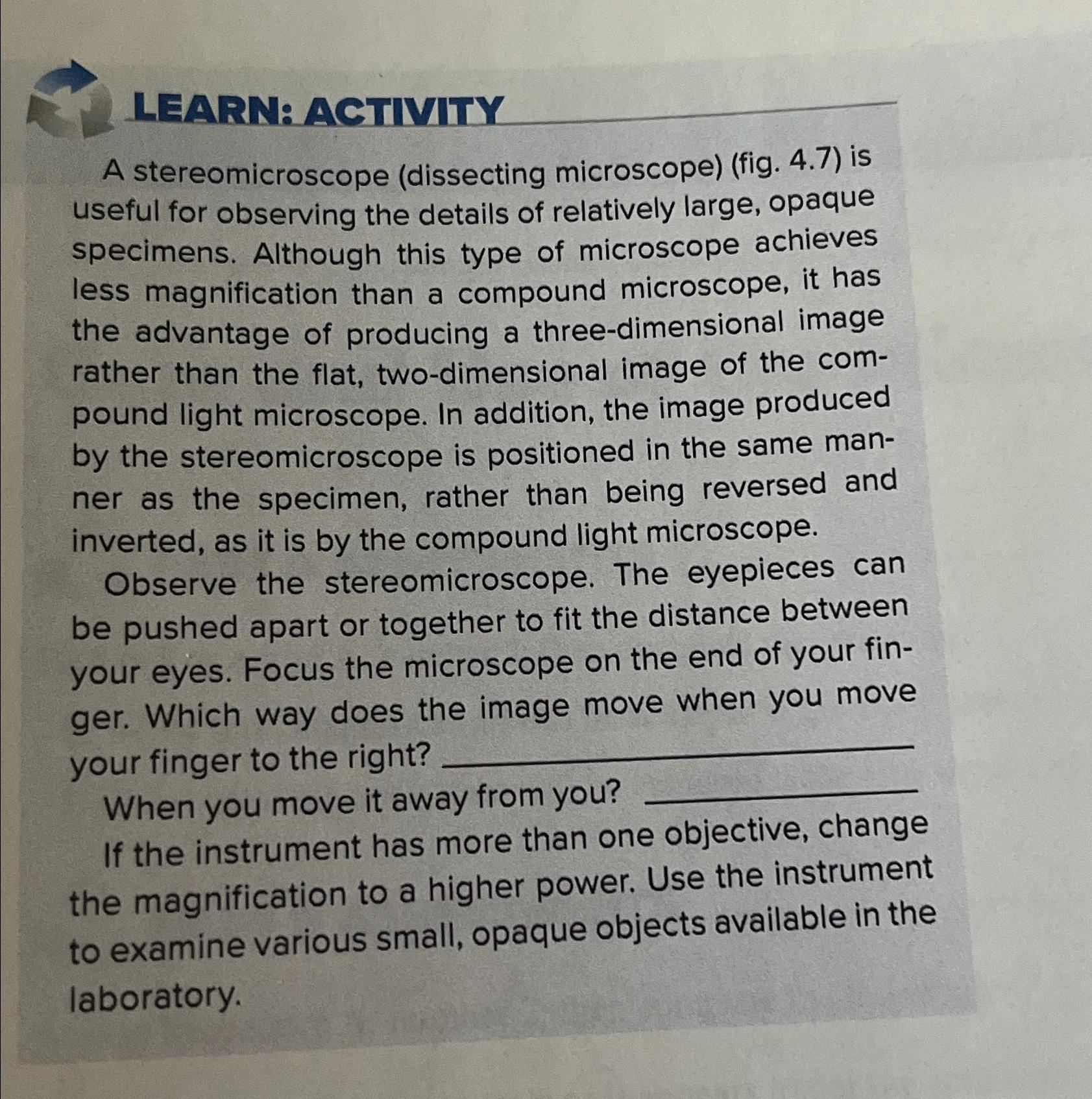 Solved LEARN: ACTIVITYA stereomicroscope (dissecting | Chegg.com