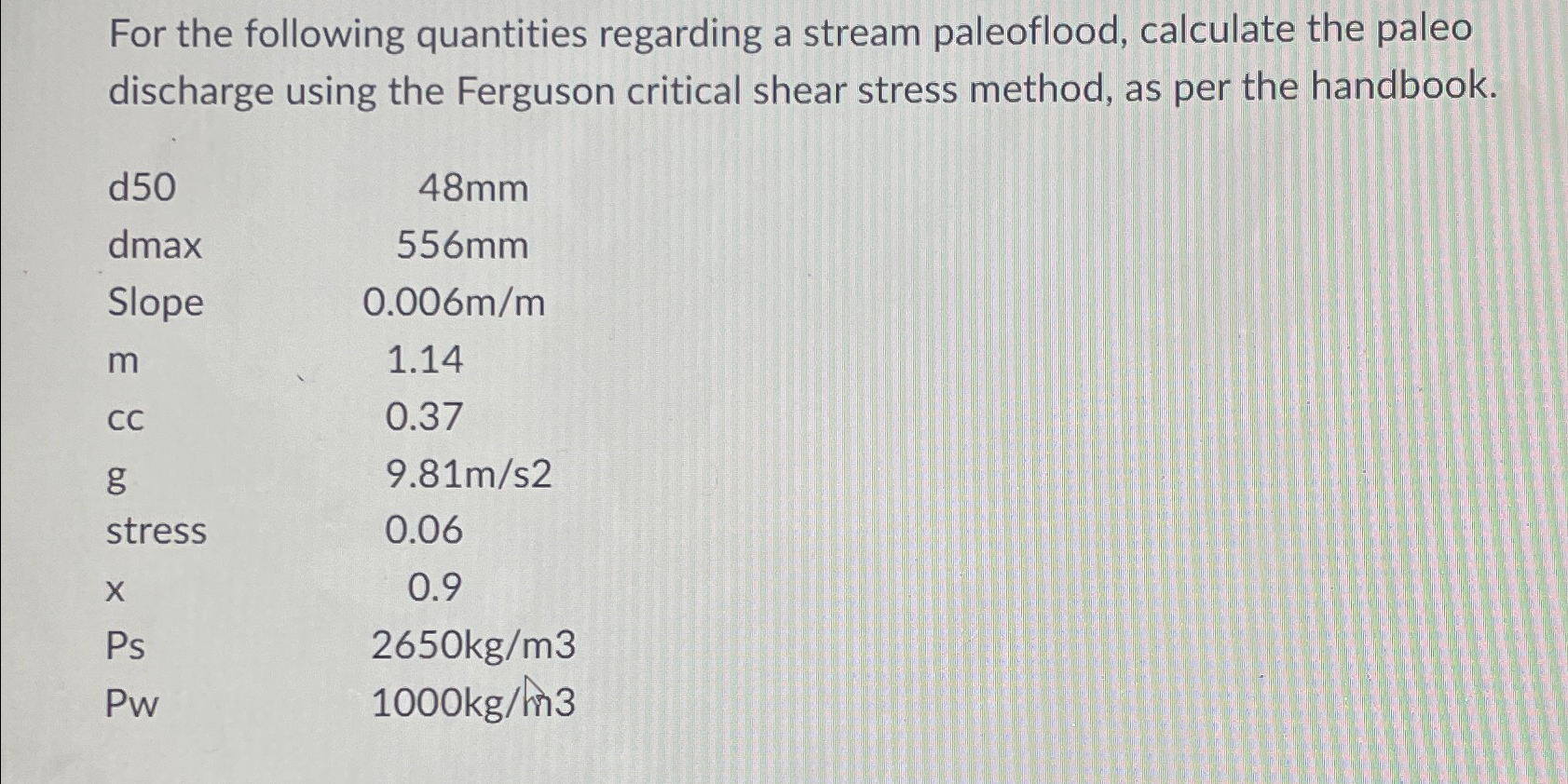 Solved For the following quantities regarding a stream | Chegg.com