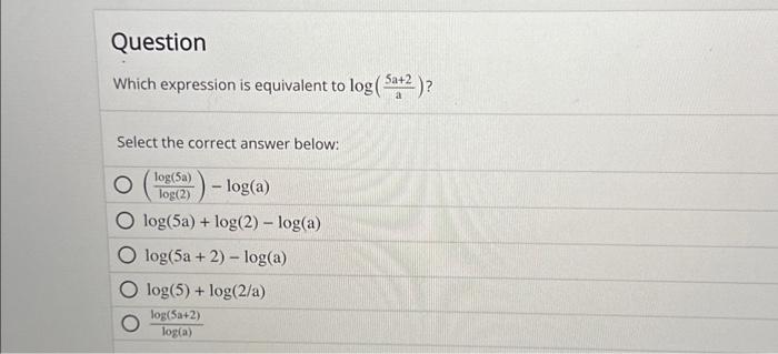 Solved Which expression is equivalent to log(a5a+2)? Select | Chegg.com