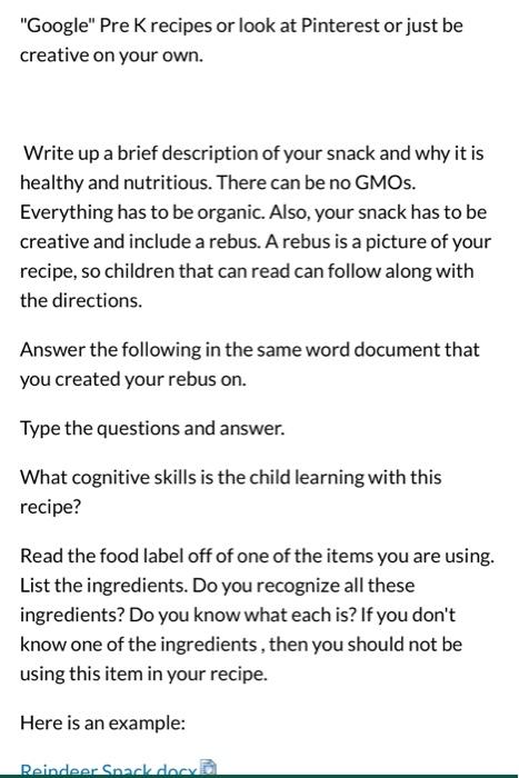 Solved "Google" Pre K recipes or look at Pinterest or just | Chegg.com