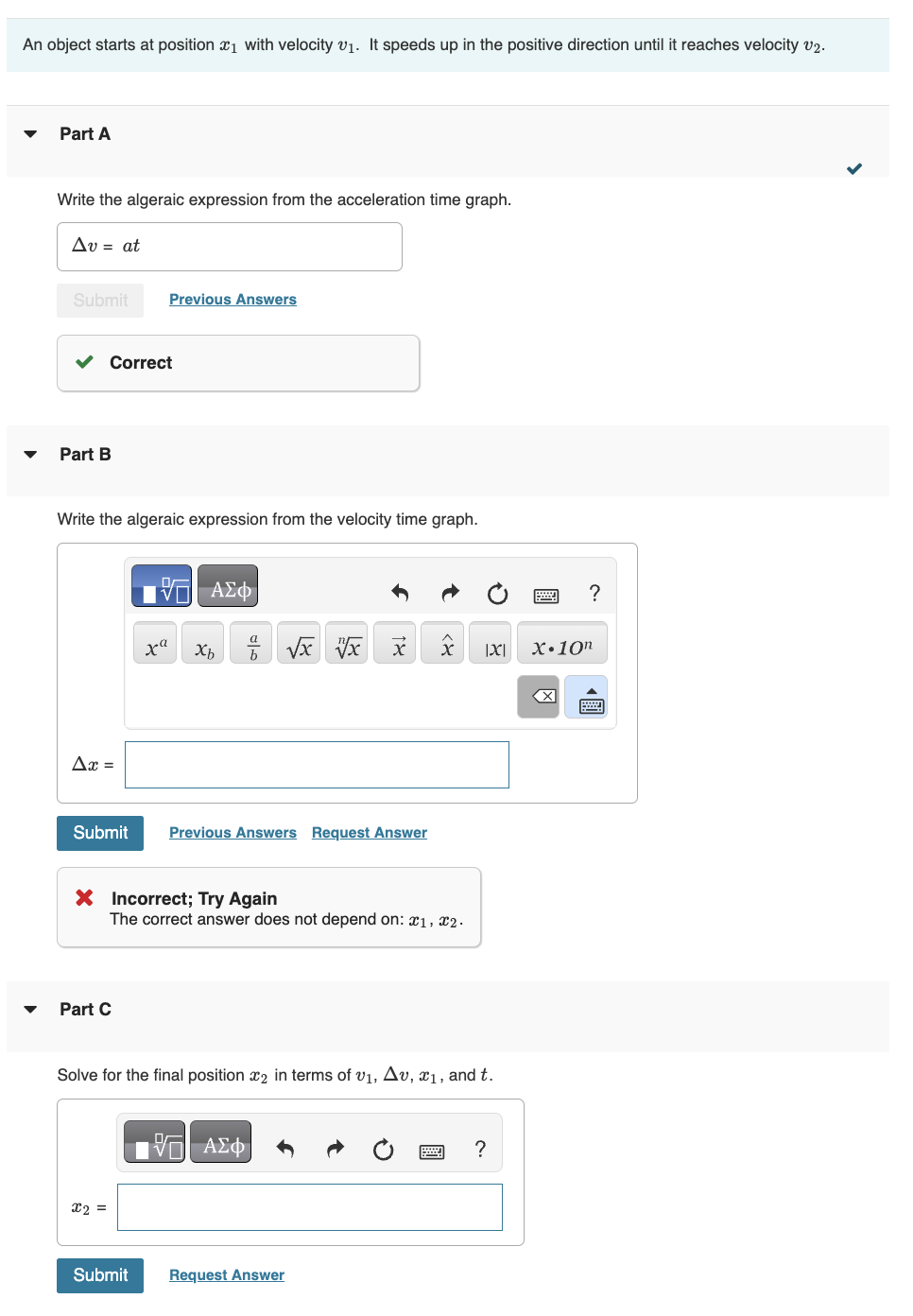 Solved An ﻿object starts at ﻿position x1 ﻿with velocity | Chegg.com