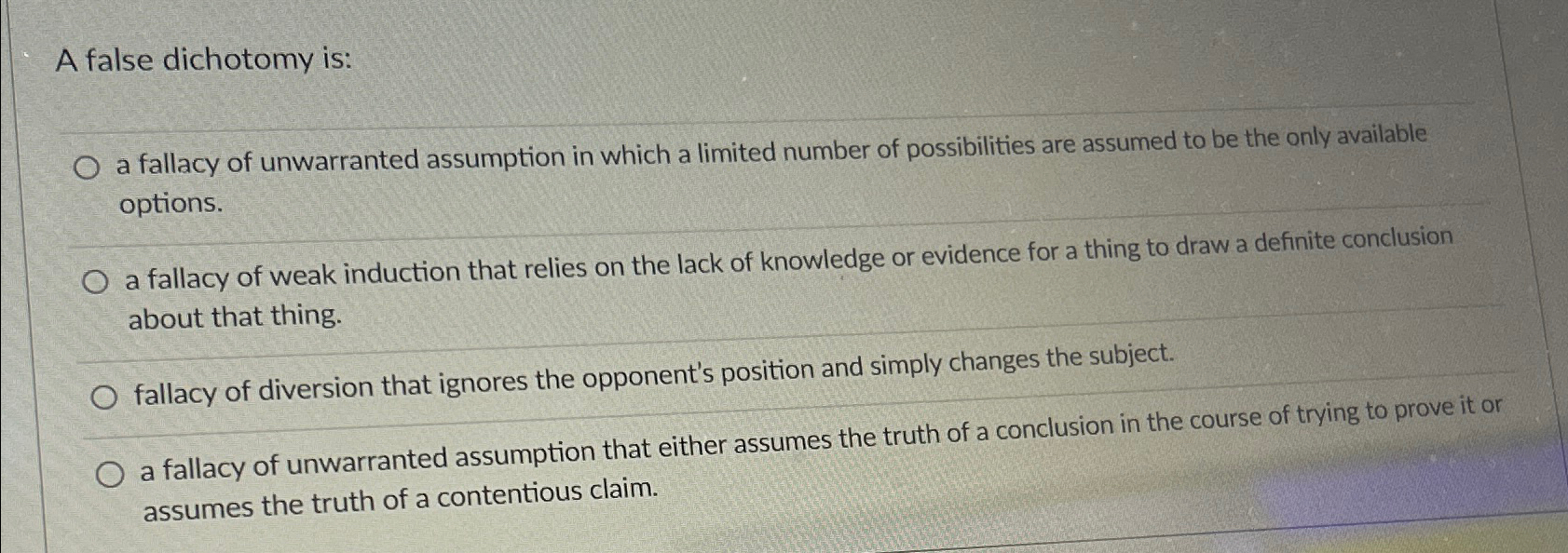 Solved A false dichotomy is:a fallacy of unwarranted | Chegg.com