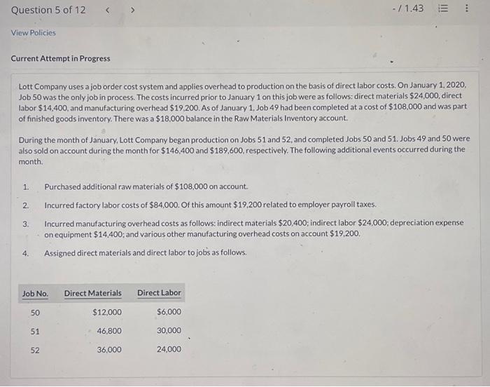Solved Lott Company uses a job order cost system and applies | Chegg.com