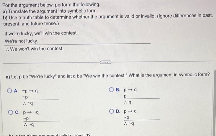 Solved For the argument below, perform the following. a) | Chegg.com