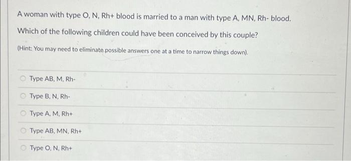 Solved A woman with type O, N, Rh+ blood is married to a man | Chegg.com