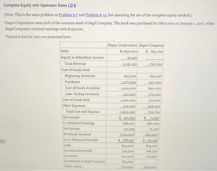 Complete Equity with Upstream Sales LO 6 (Note: This | Chegg.com Complete Equity with Upstream Sales LO 6 (Note: This | Chegg.com