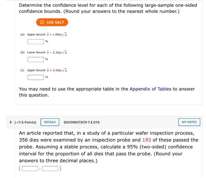 Solved Determine the confidence level for each of the | Chegg.com