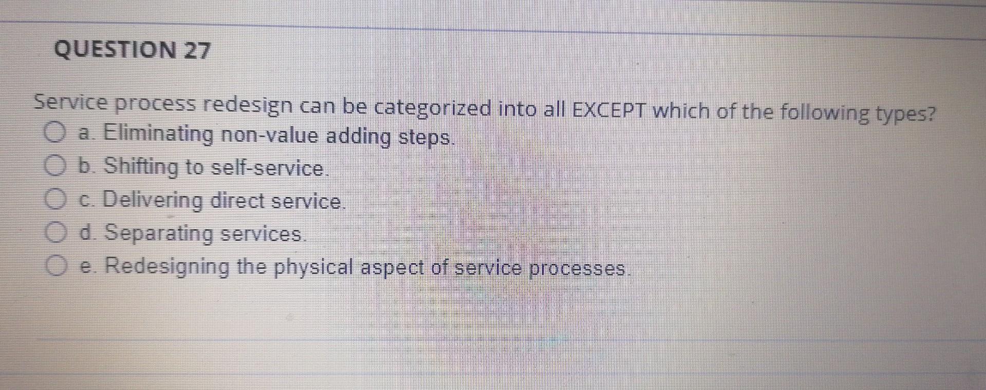 Solved QUESTION 27 Service process redesign can be | Chegg.com