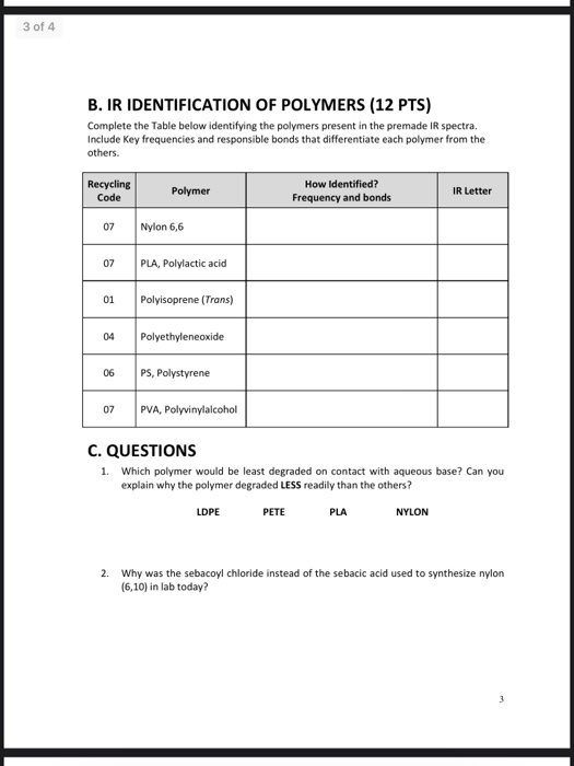 3 of 4 B. IR IDENTIFICATION OF POLYMERS (12 PTS) | Chegg.com