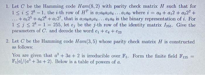 Solved 1. Let C be the Hamming code Ham(8,2) with parity | Chegg.com