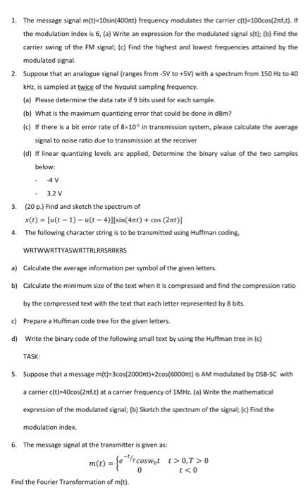 Solved 1. The message signal m(t)=10sin(400nt) frequency | Chegg.com