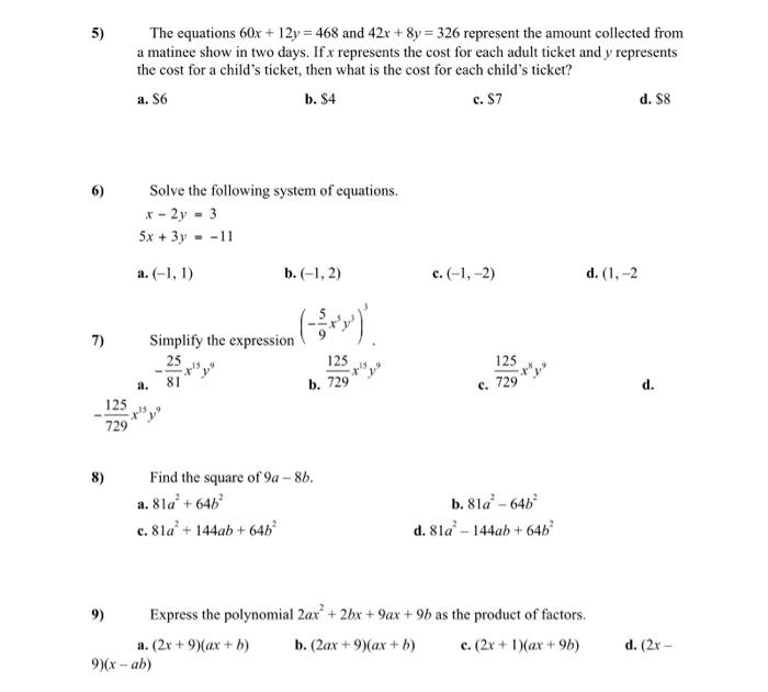 Solved 5) The equations 60x + 12y = 468 and 42x + 8y = 326 | Chegg.com