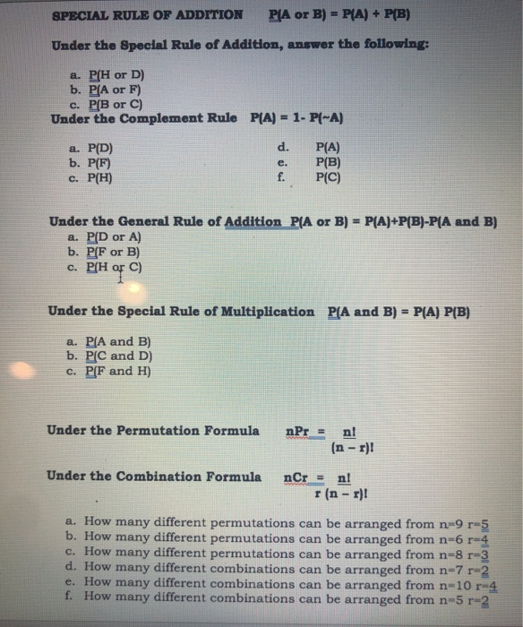 Solved SPECIAL RULE OF ADDITION PA Or B P A P B Under Chegg