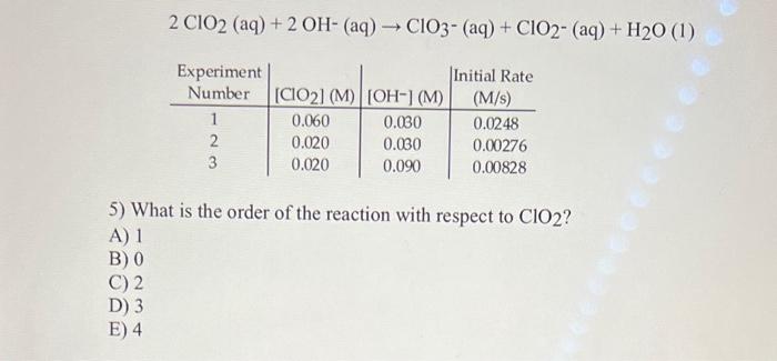 Solved 2ClO2(aq)+2OH−(aq)→ClO3−(aq)+ClO2−(aq)+H2O 5) What is | Chegg.com
