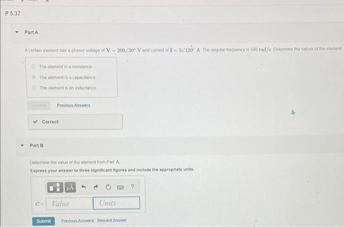Solved P5.37 Part A A certain element has a phasor voltage | Chegg.com