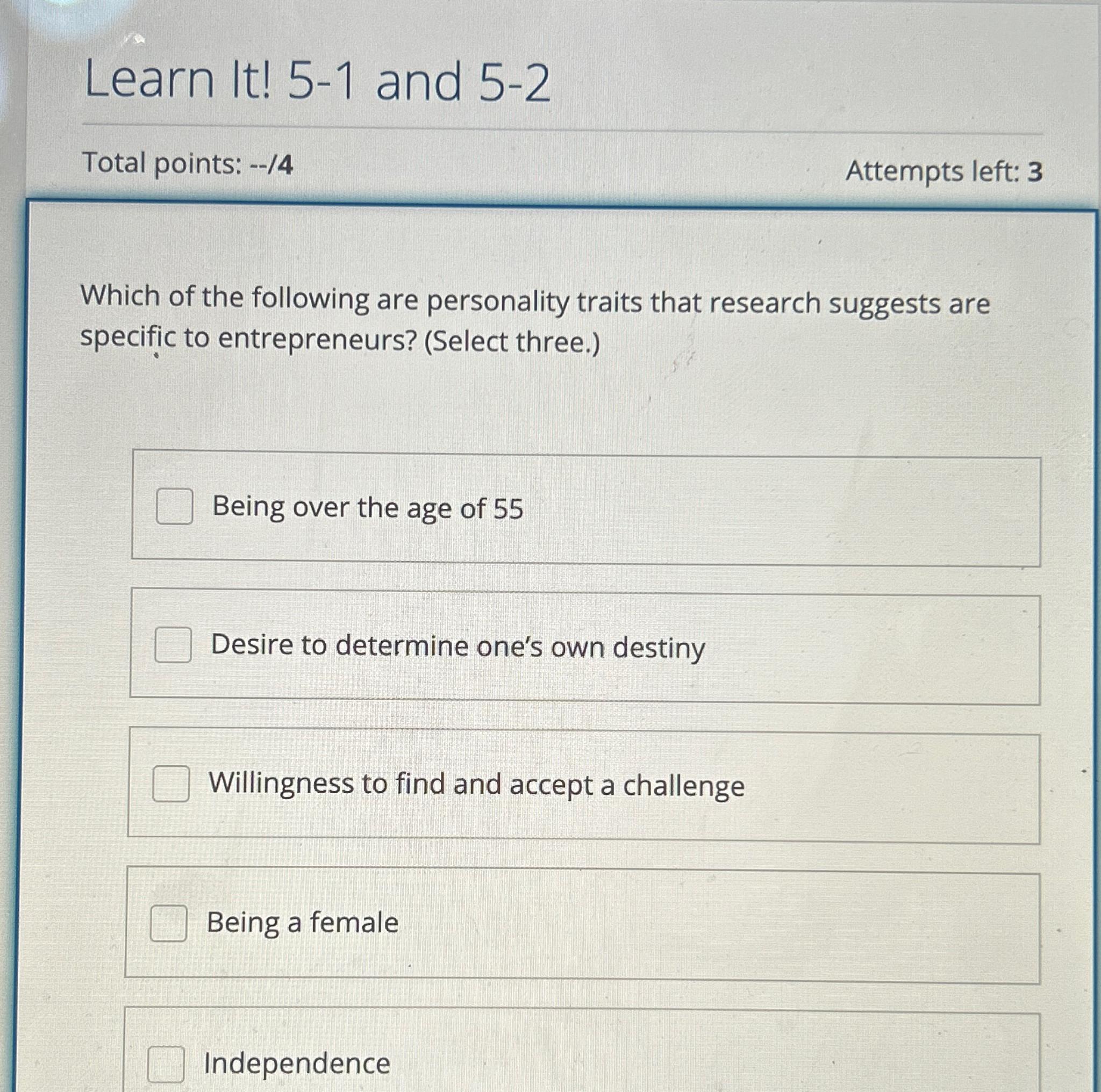 Solved Learn It! 5-1 ﻿and 5-2Total points: --4Attempts left: | Chegg.com