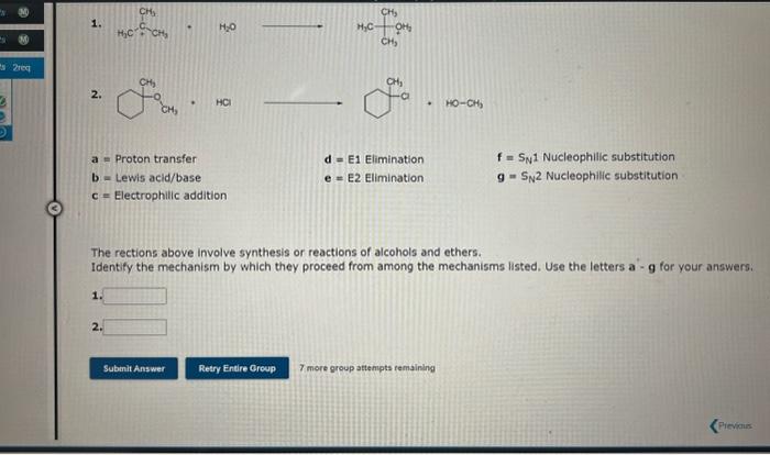 Solved 1. 2. a= Proton transfer d=E1 Elimination f=SN1 | Chegg.com