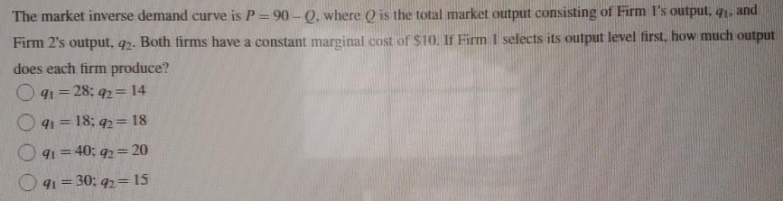 Solved The market inverse demand curve is P=90-Q, ﻿where Q | Chegg.com