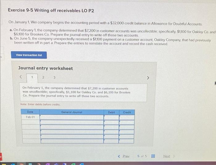 Solved Exercise 9-5 Writing off receivables LO P2 On January | Chegg.com