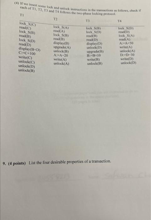 Solved Consider the following schedule for four transactions | Chegg.com