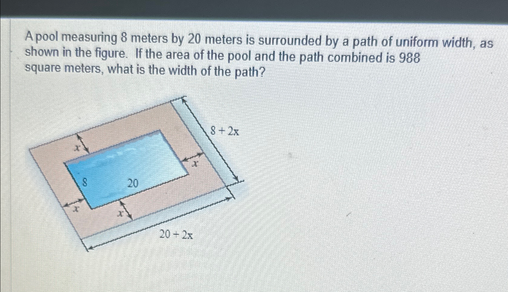 Solved A pool measuring 8 ﻿meters by 20 ﻿meters is | Chegg.com