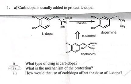 Solved 1. a) Carbidopa is usually added to protect L-dopa. | Chegg.com