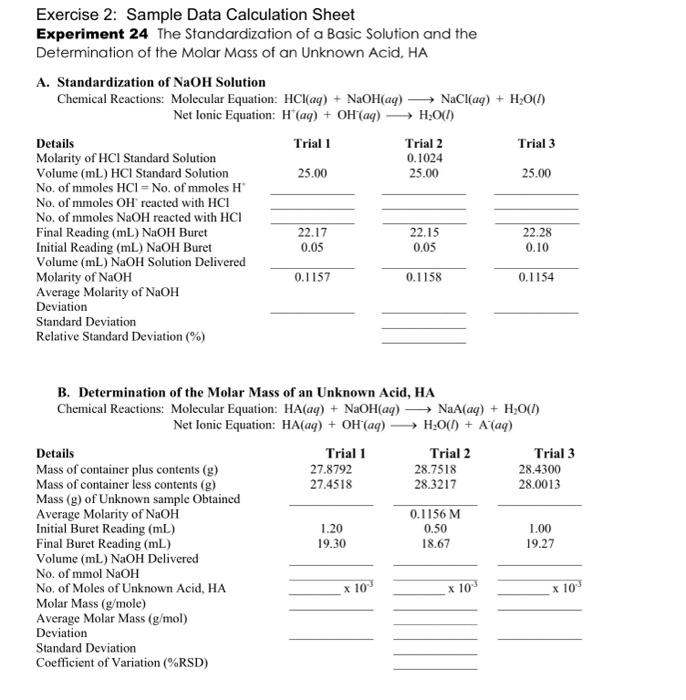 Solved Exercise 2: Sample Data Calculation Sheet Experiment | Chegg.com