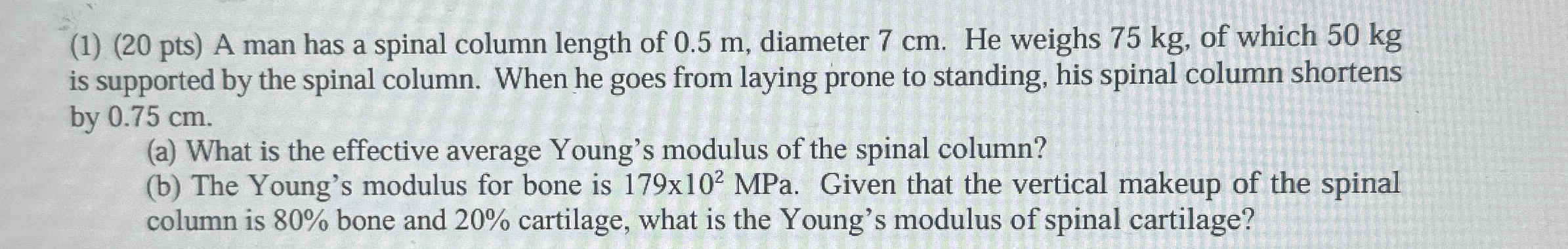 Solved (1) (20pts) ﻿A man has a spinal column length of 0.5 | Chegg.com