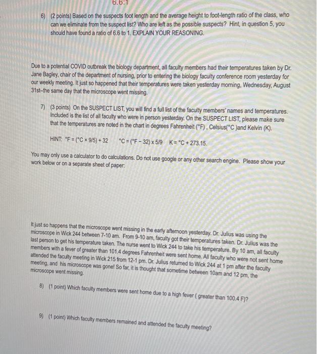 6) (2 points) Based on the suspects foot length and | Chegg.com