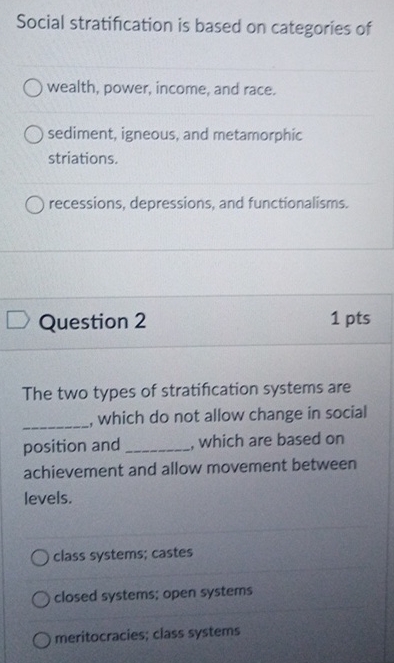 Solved Social stratification is based on categories | Chegg.com