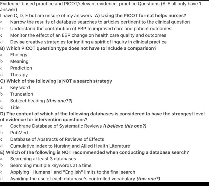 Solved Evidence-based practice and PICOT/relevant evidence, | Chegg.com