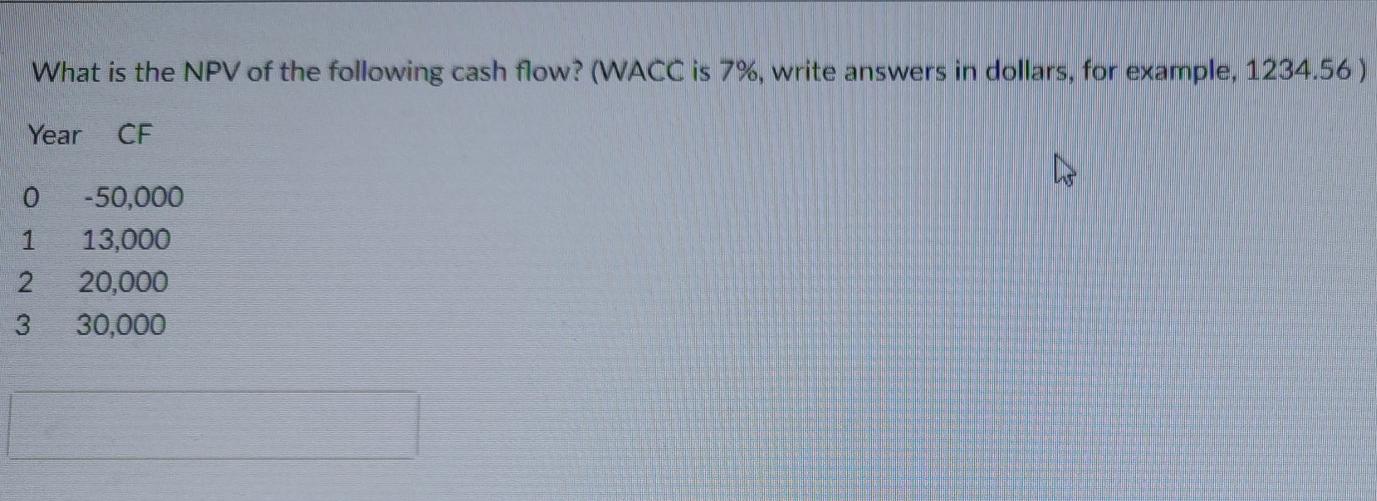 Solved What is the NPV of the following cash flow? (WACC is | Chegg.com
