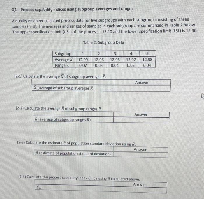 Solved Q2 - Process capability indices using subgroup | Chegg.com