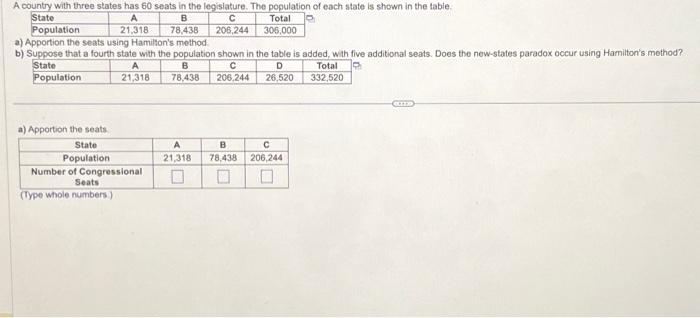 Solved a) Apportion the seats using Hamilton's method b) | Chegg.com